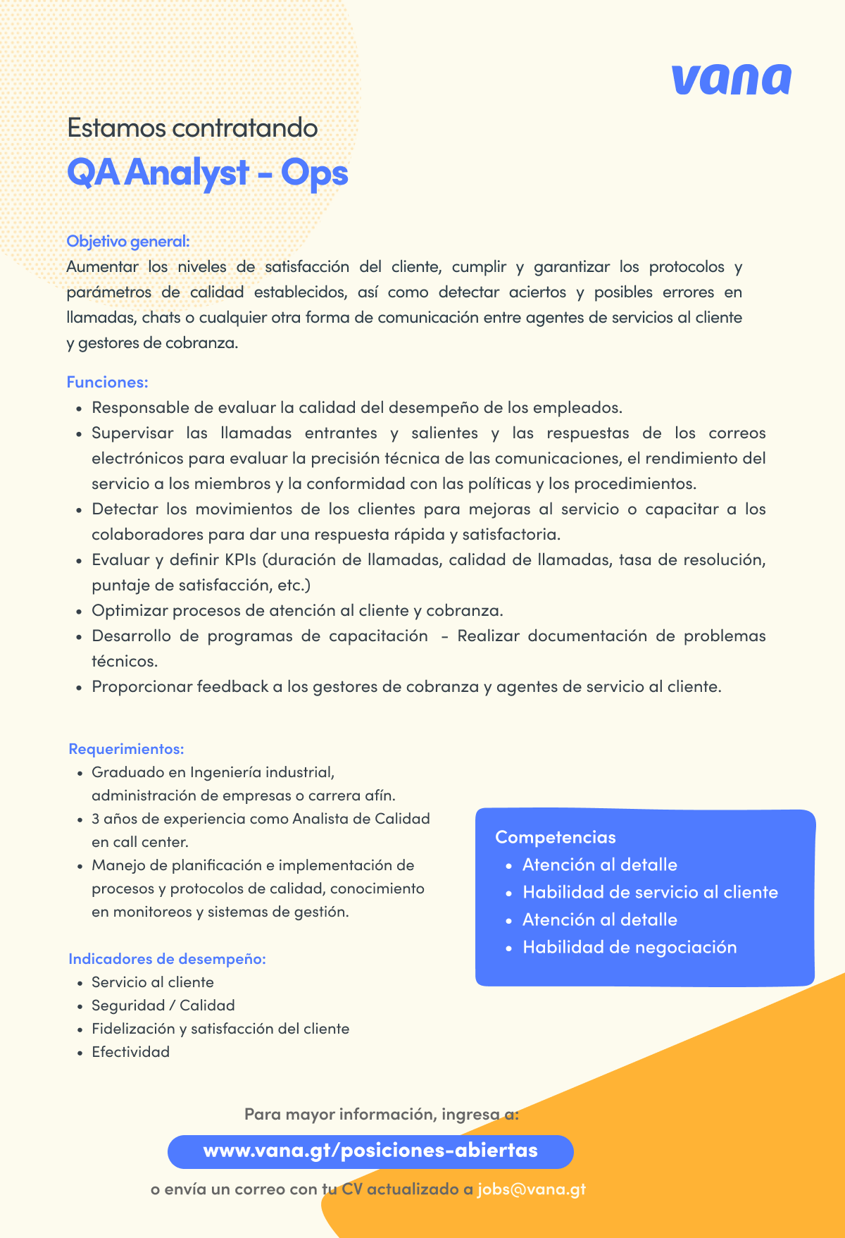 Vana - Posiciones abiertas